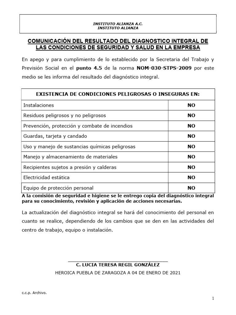 Comunicacion Diagnostico y Seguridad e Higiene Nom-030 | PDF