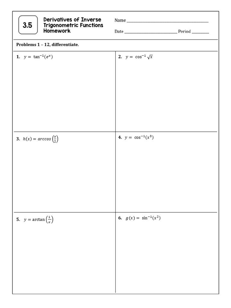 Practice 3.5-Derivatives Inverse Trig Functions | PDF
