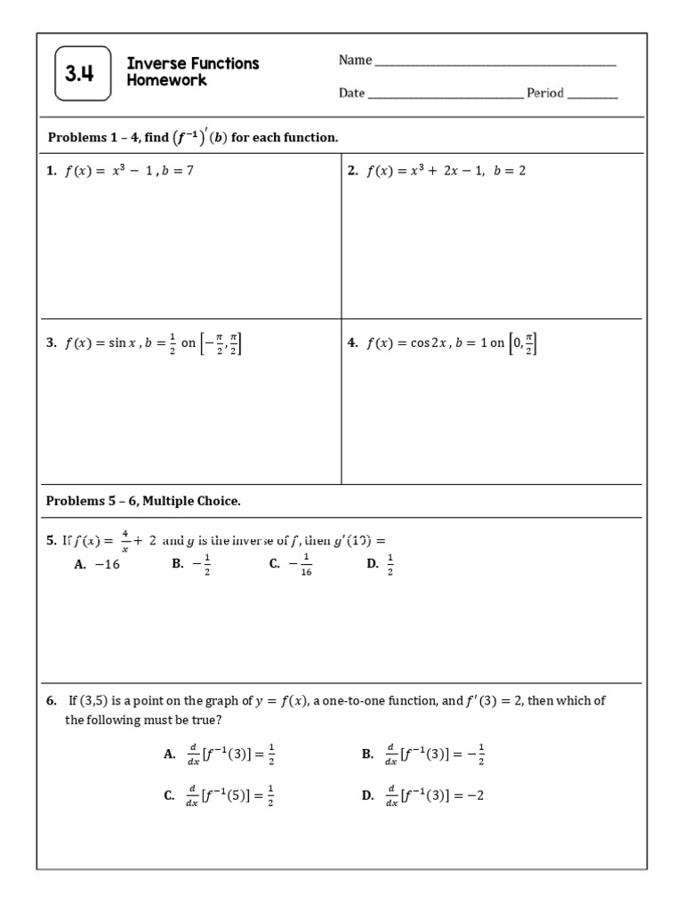 Practice 3.4-Inverse Functions | PDF | Function (Mathematics) | Mathematical Analysis