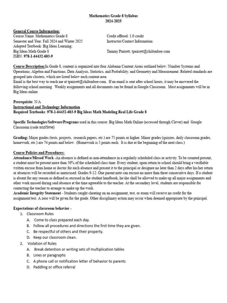 2024-2025 Grade 8 Math Syllabus | PDF | Equations | Linearity