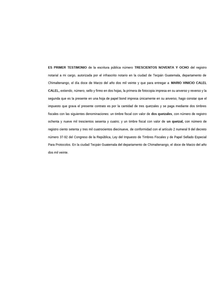 Testimonio Notarial en Tecpán, 2020 | PDF
