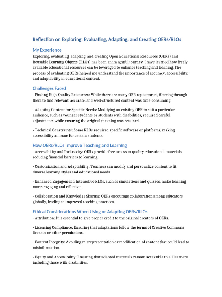 Reflection On Exploring, Evaluating, Adapting, and Creating Oers/Rlos | PDF