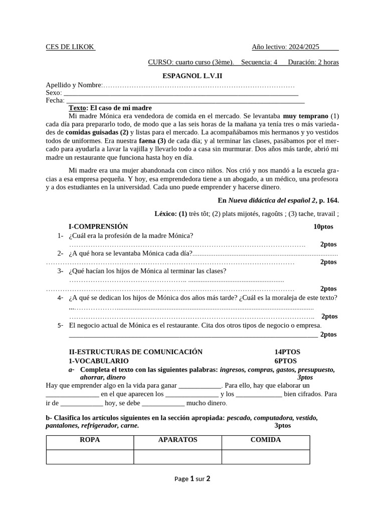 Sequence 4 Espagnol 3eme Ces de Likok__mars 2025_100329 | PDF