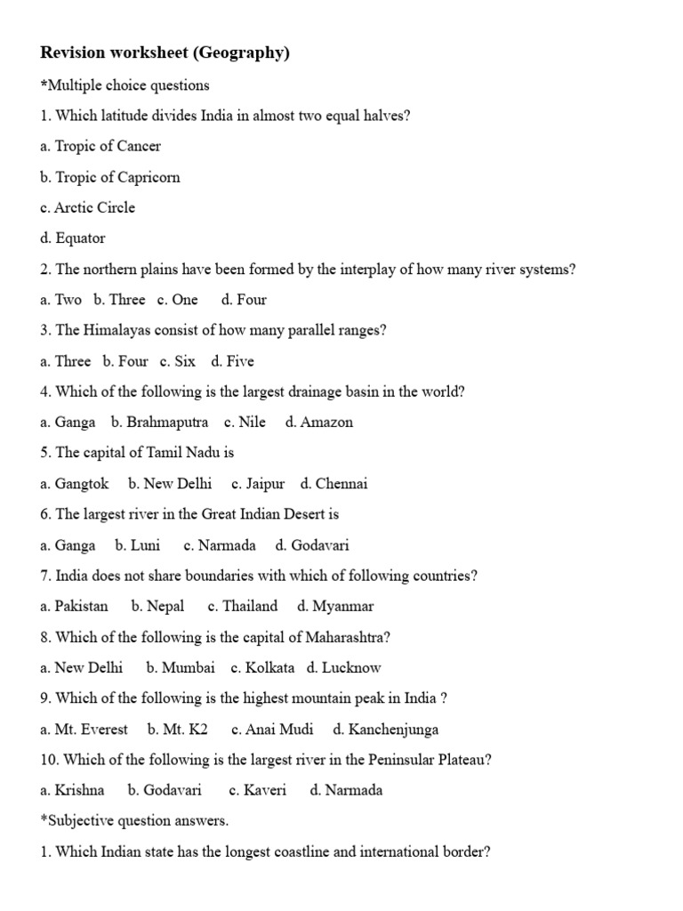 Geography Revision Worksheet for India | PDF