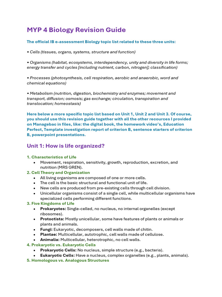 MYP_4_Biology_Revision_Guide_Unit_1__2_and_3 | PDF | Cell (Biology ...