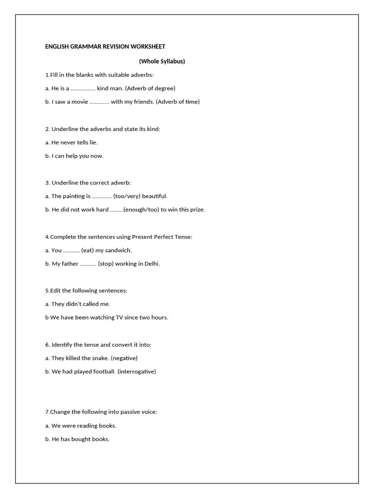 ENGLISH GRAMMAR REVISION WORKSHEET 2 | PDF