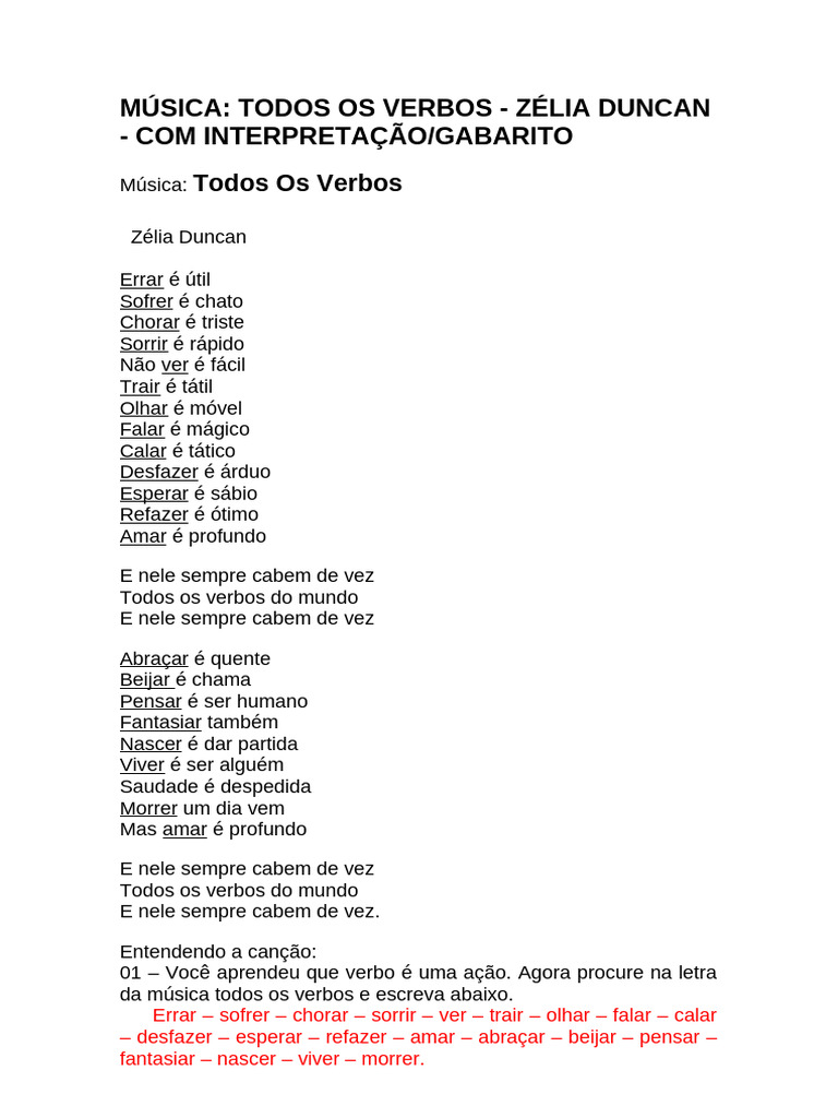 MÚSICA Todos Os Verbos | PDF