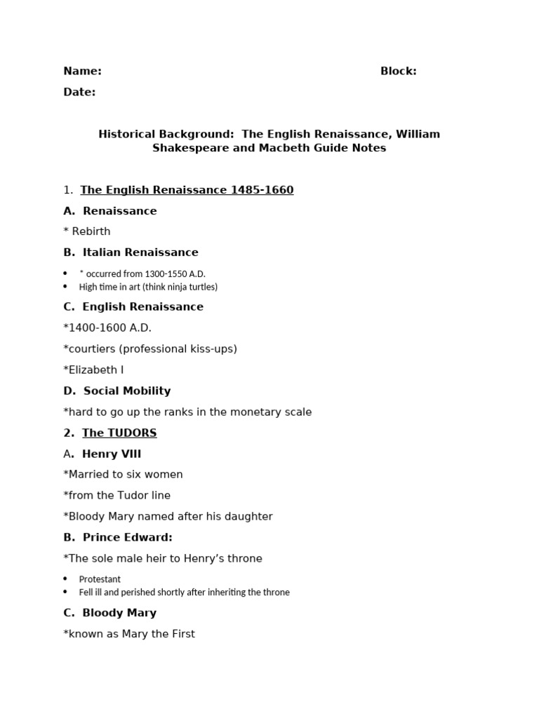 English Renaissance - William Shakespeare - Macbeth Guided Notes | PDF ...