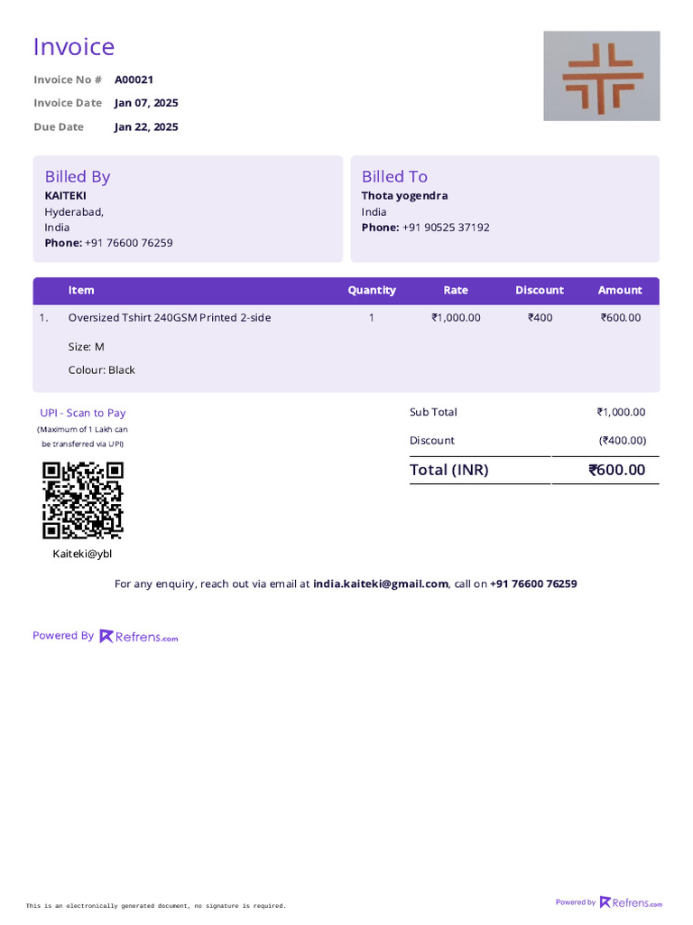 Invoice for Oversized T-shirt Purchase | PDF