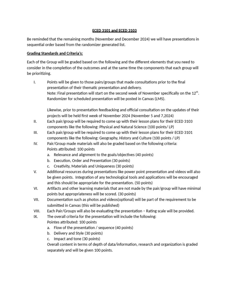 ECED 3101 and ECED 3103 Presentation Grading | PDF | Learning