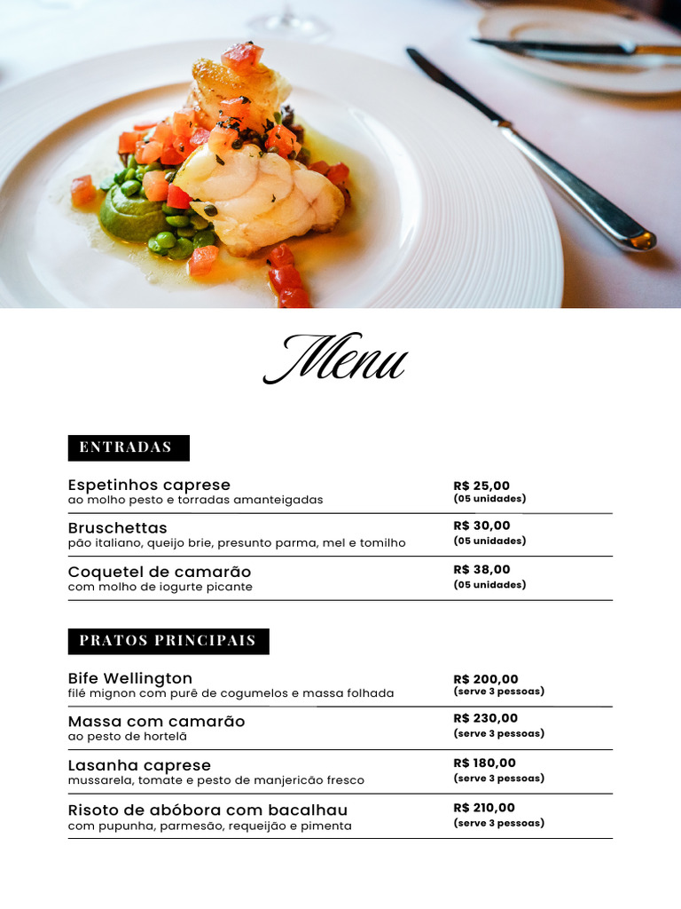 Cardápio Menu Jantar Restaurante Elegante Minimalista Preto e Branco A4 ...