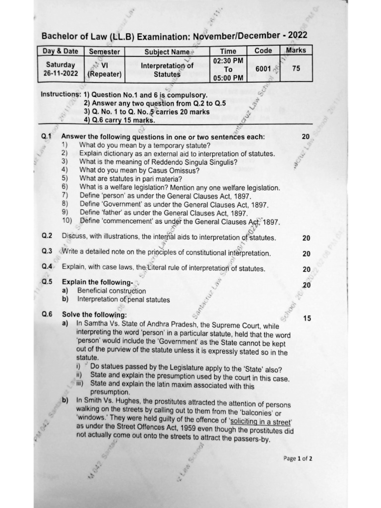 Interpretation of Statues Question Paper | PDF