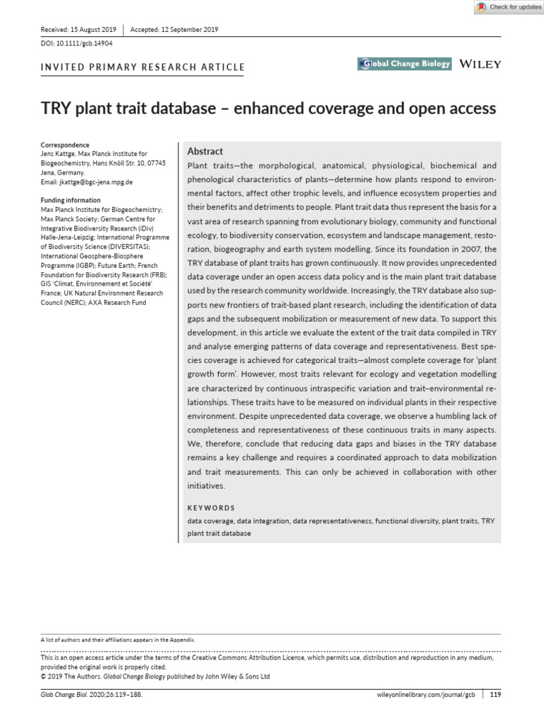 TRY Plant Trait Database Overview | PDF | Data | Ecology