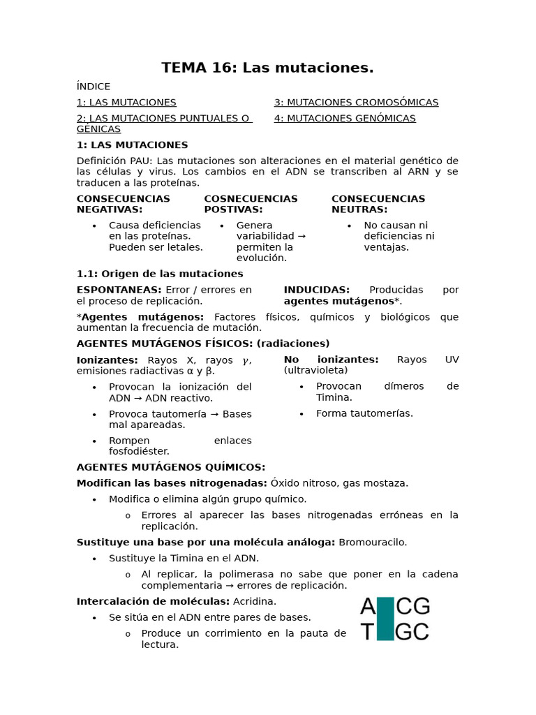 Tema 16 Biología 2º Bachiller | PDF | Mutación | Mutageno
