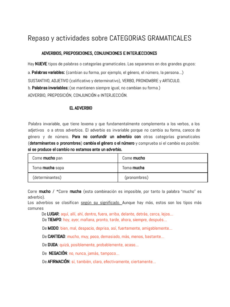 Adverbios, Preposiciones, Conjunciones e Interjecciones. Repaso y Actividades Sobre CATEGORíAS ...