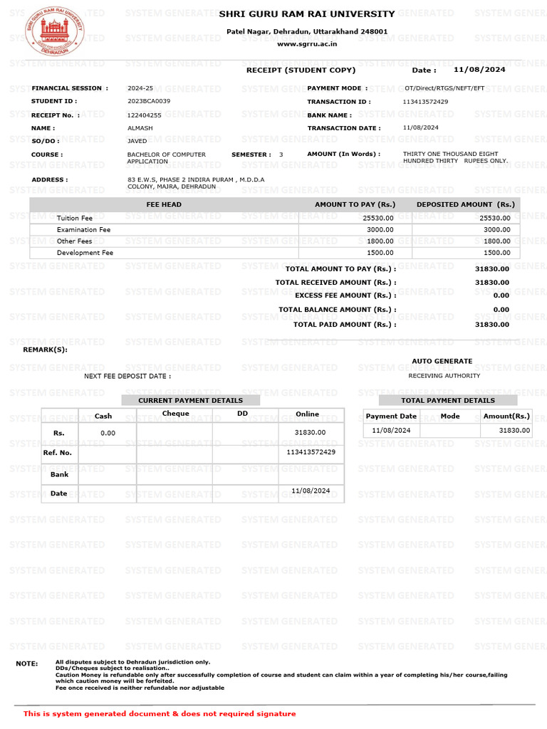 Student Fee Receipts GRR U | PDF | Payments | Cheque
