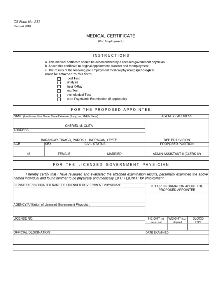 Medical Certificate CS Form No. 211 Revised 2018 | PDF | Physician ...