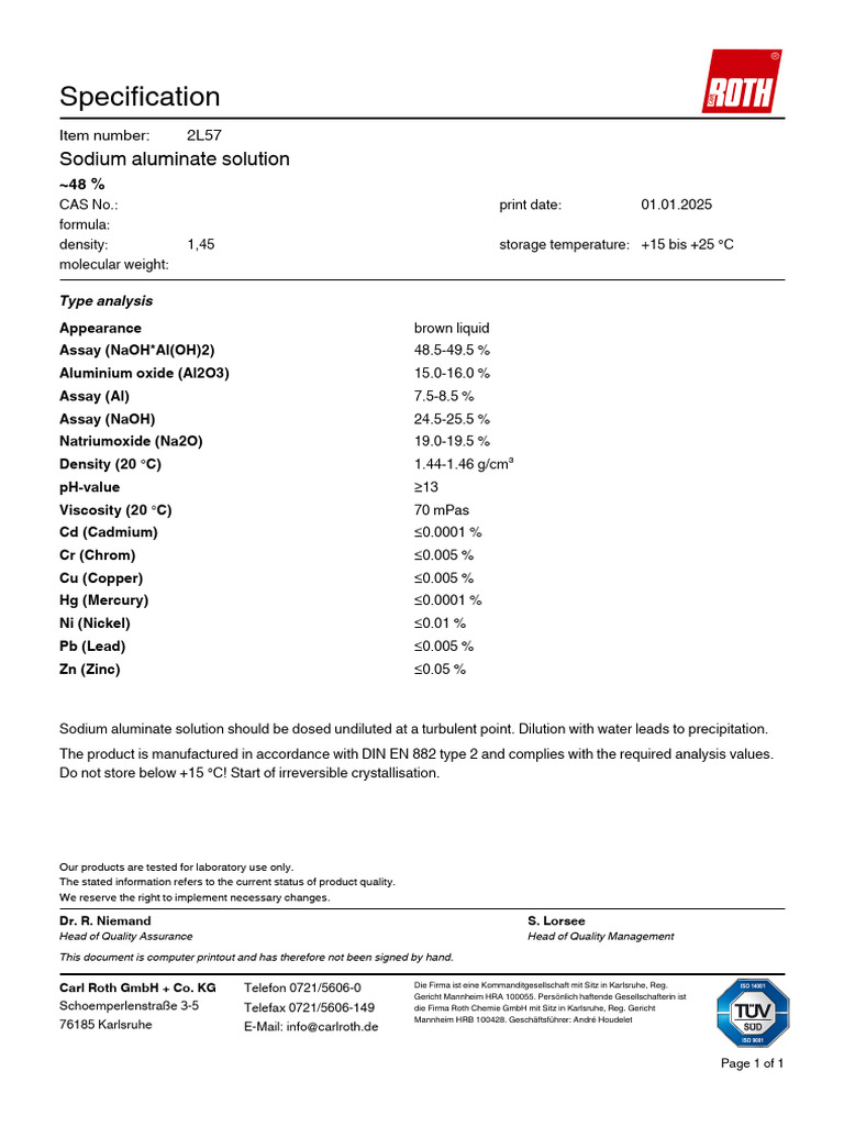 CARL ROTH. Sodium Aluminate Solution | PDF | Sodium Hydroxide | Mercury ...