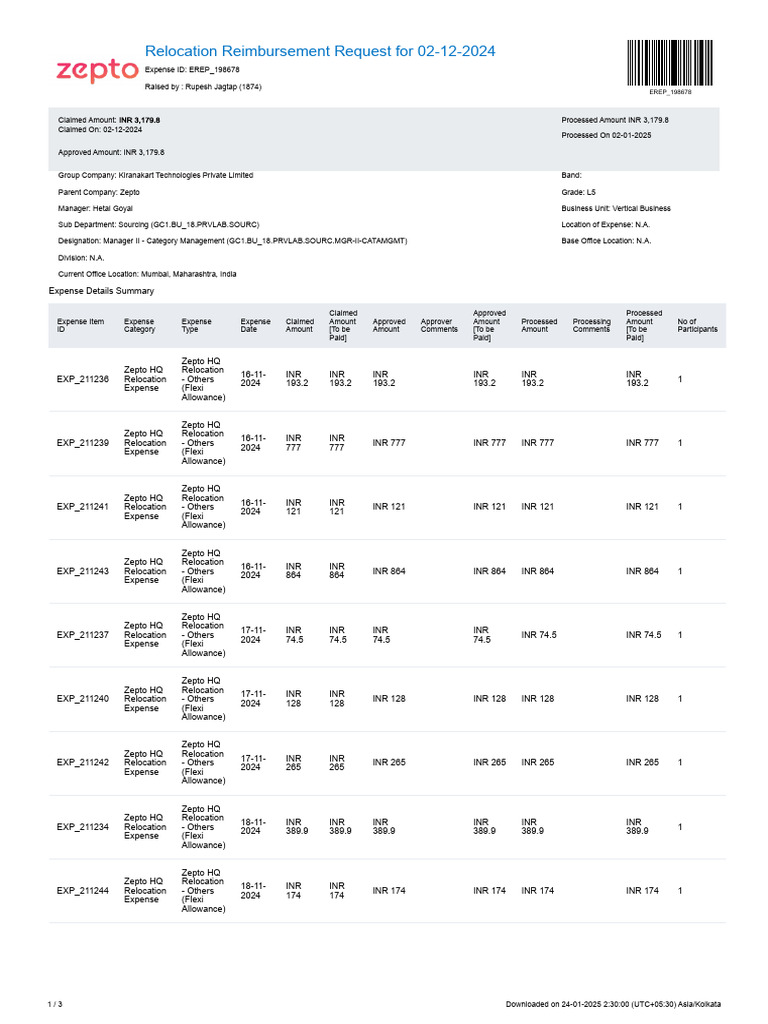 Relocation Reimbursement Request For 02-12-2024 (EREP - 198678) | PDF ...