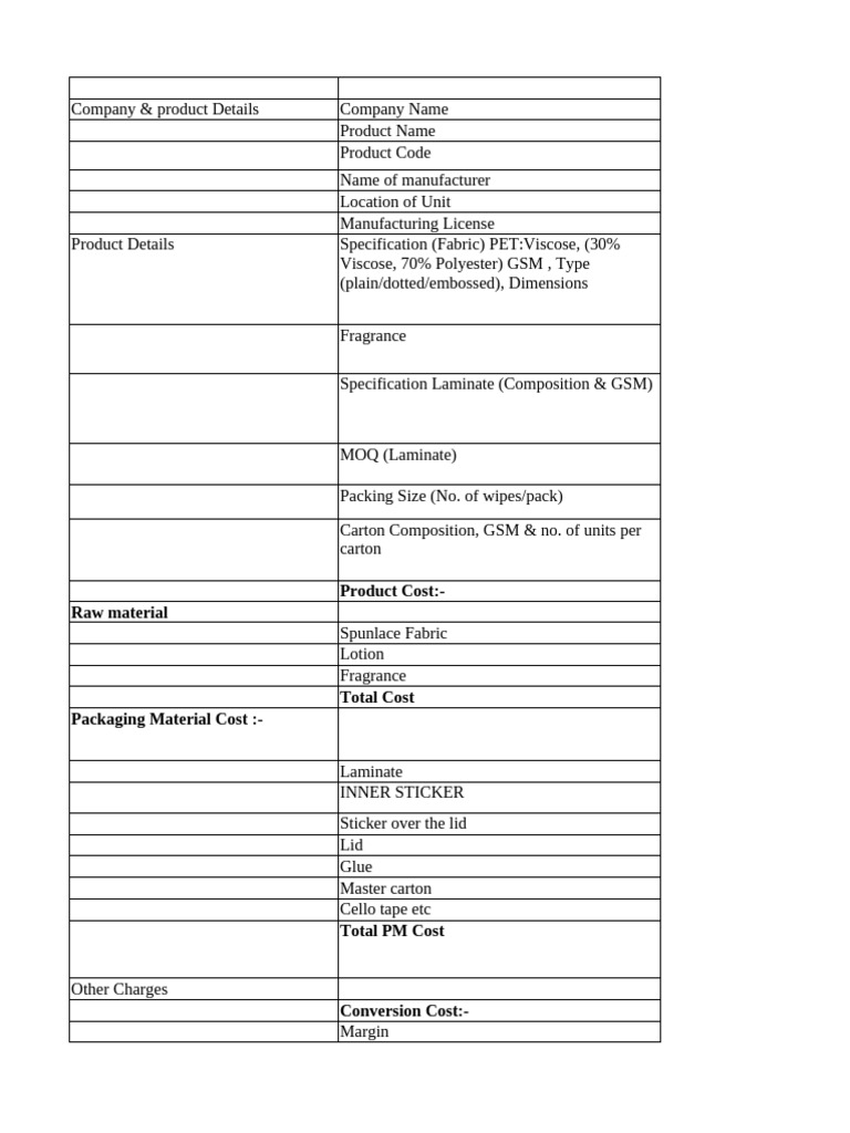 Baby Wipes Cost Breakdown and Specs | PDF | Materials | Secondary ...