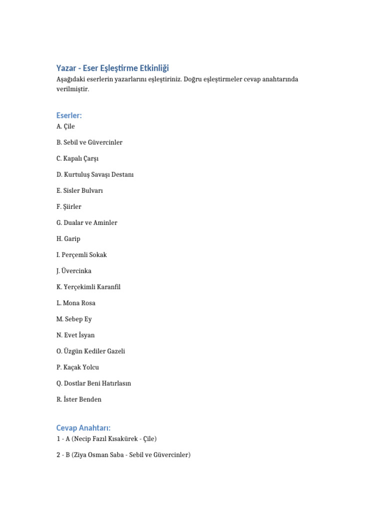 Yazar Eser Eslestirme Etkinligi | PDF