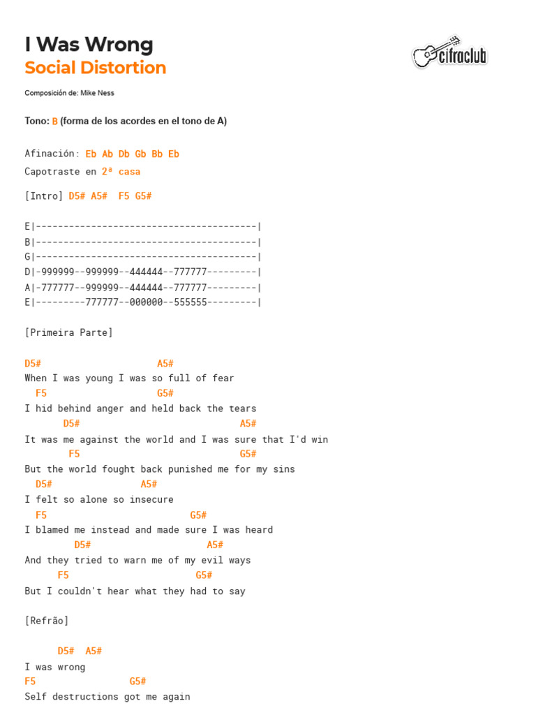 Cifra Club - Social Distortion - I Was Wrong (Eb) | PDF