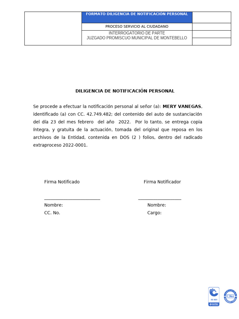 Formato Diligencia de Notificacion Personal | PDF