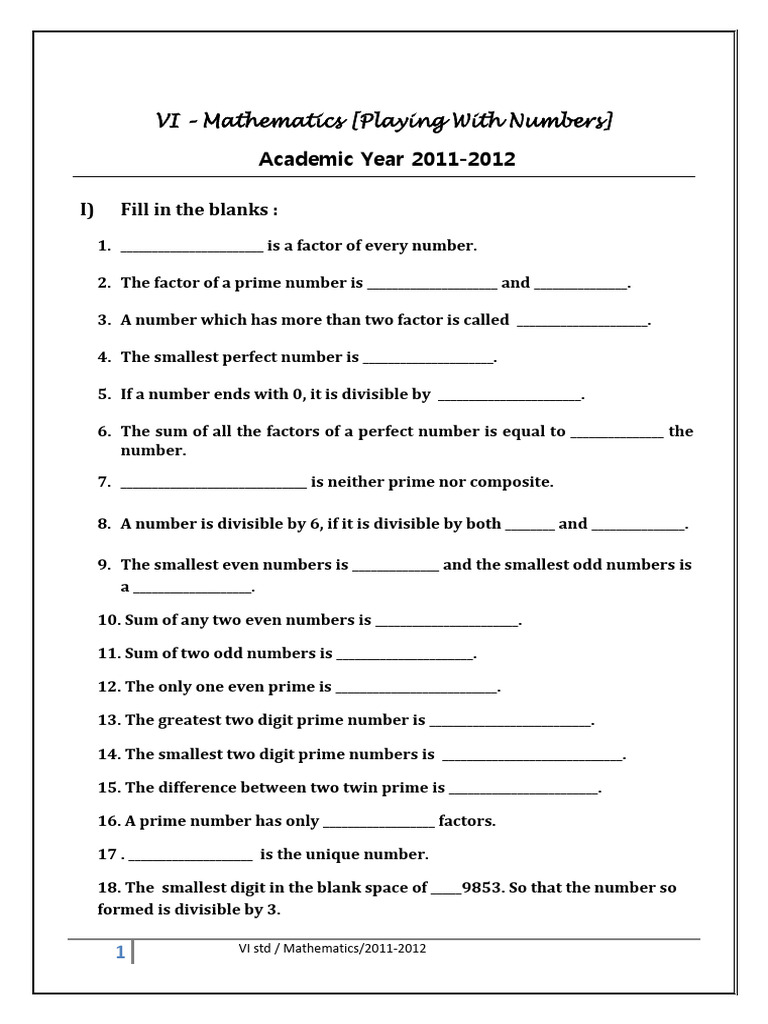 CBSE Class 6 Playing with Numbers Worksheet (9) | PDF | Prime Number ...