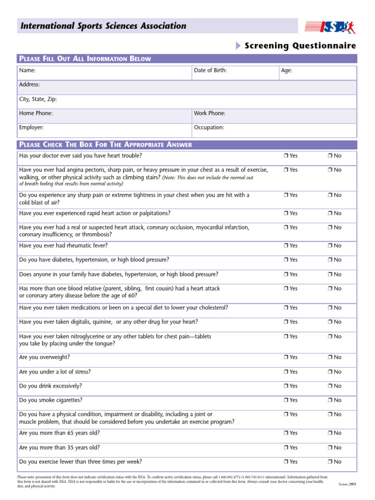 Health Screening Questionnaire | PDF | Myocardial Infarction | Coronary ...