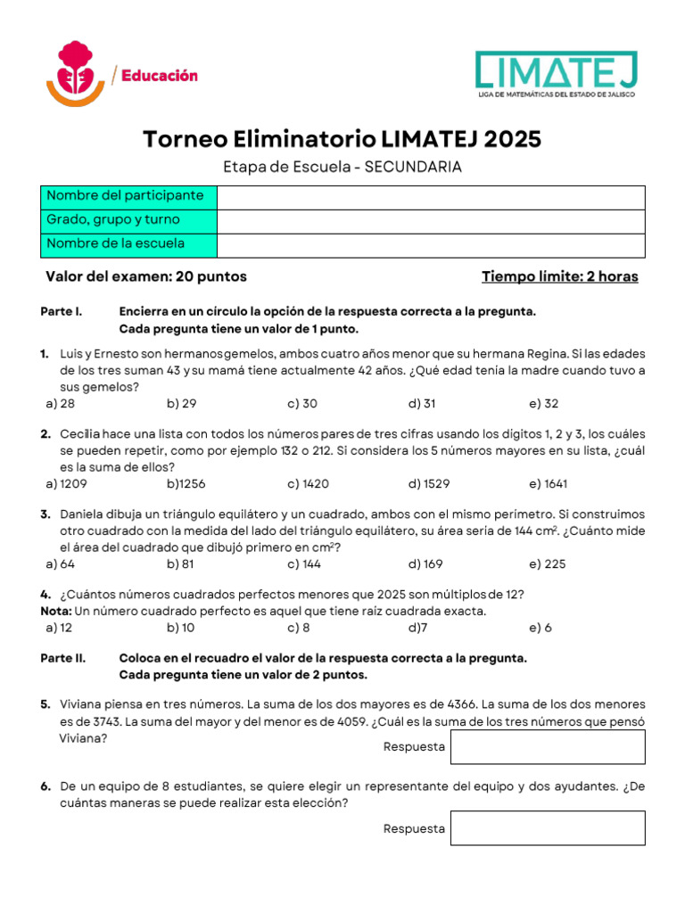 1 Examen Torneo LIMATEJ 2025 Etapa Escuela - SECU - 250211 - 093605 | PDF