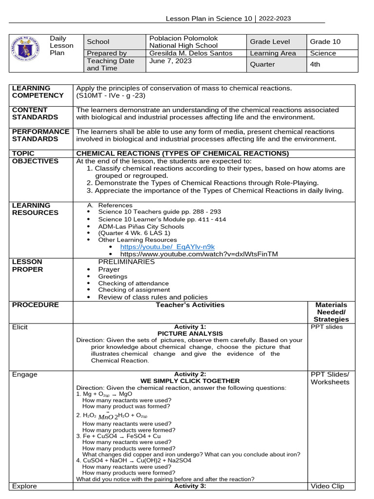 Lesson Plan in Science 10 For COT (4TH QUARTER) | PDF | Learning ...