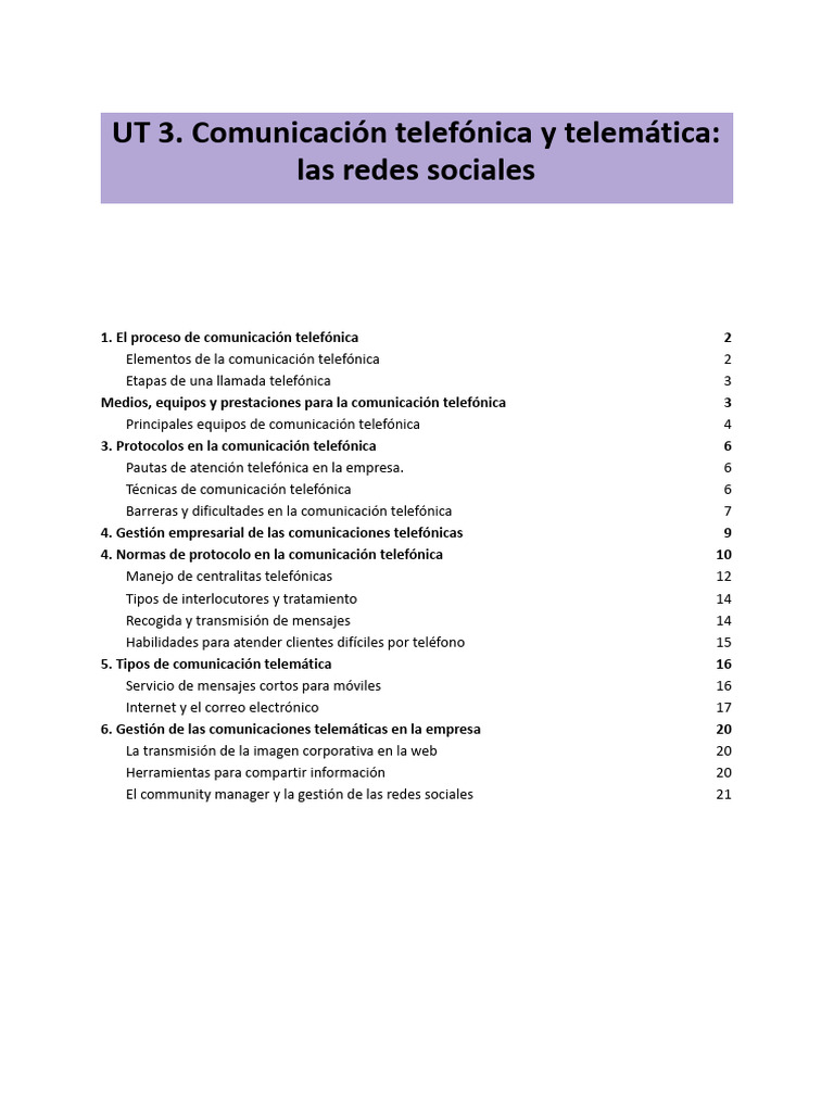 UT 3. Comunicación Telefónica y Telemática - Las Redes Sociales | PDF ...