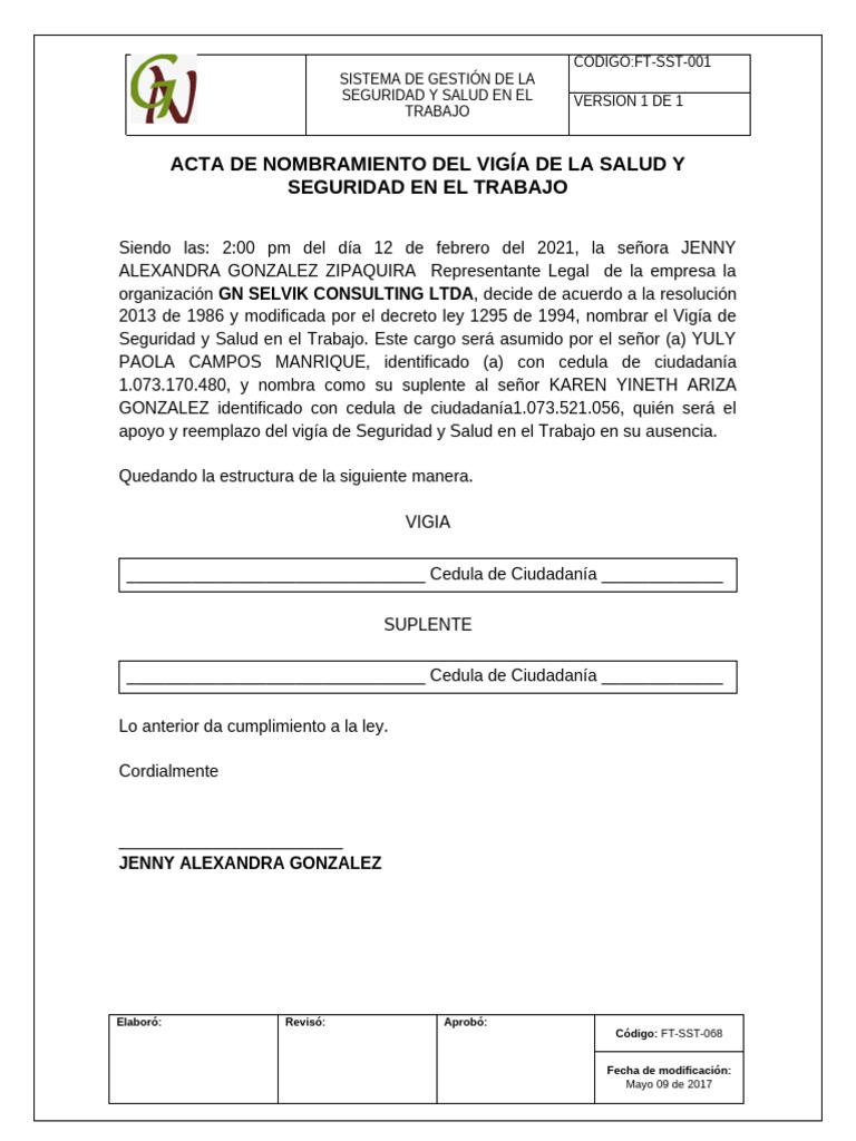 FT-SST-001 Formato Acta de Nombramiento del Vigia de Seguridad y Salud en el Trabajo | PDF