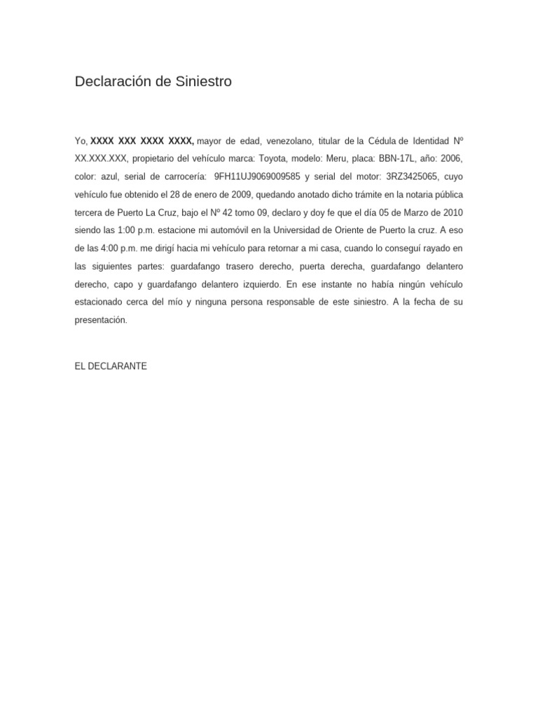 Declaraci¢n de Siniestro | PDF