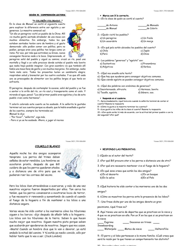 Comprensión Lectora 5to Grado: Cuentos y Preguntas | PDF