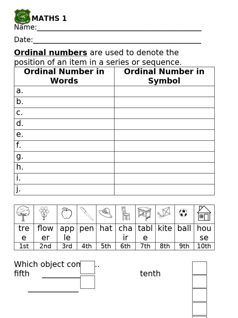 Ordinal Numbers Intro, 1-10 SW HW Quiz | PDF