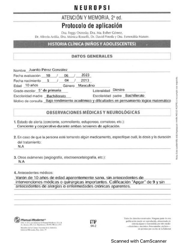 Ejemplo Protocolo Neuropsi | PDF