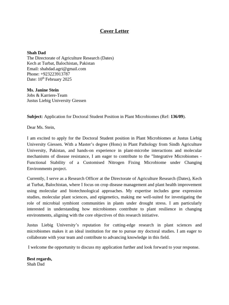 Liebig University Giessen Cover Letter | PDF