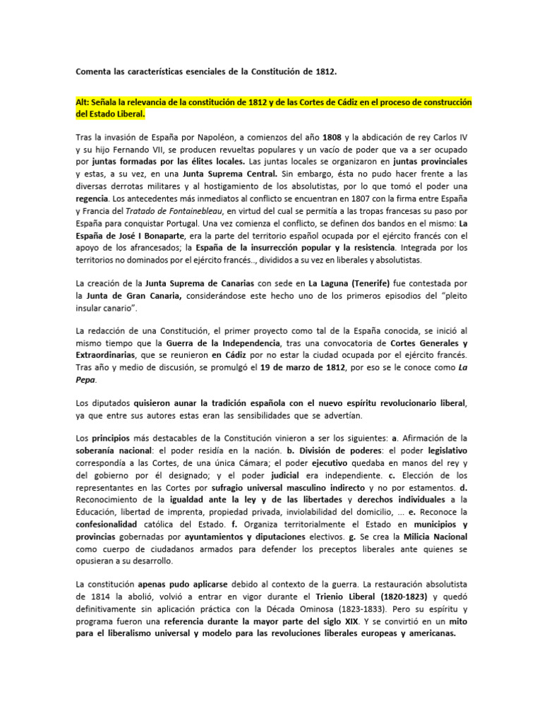 Caracter sticas De La Constituci n De 1812 PDF Guerra Peninsular