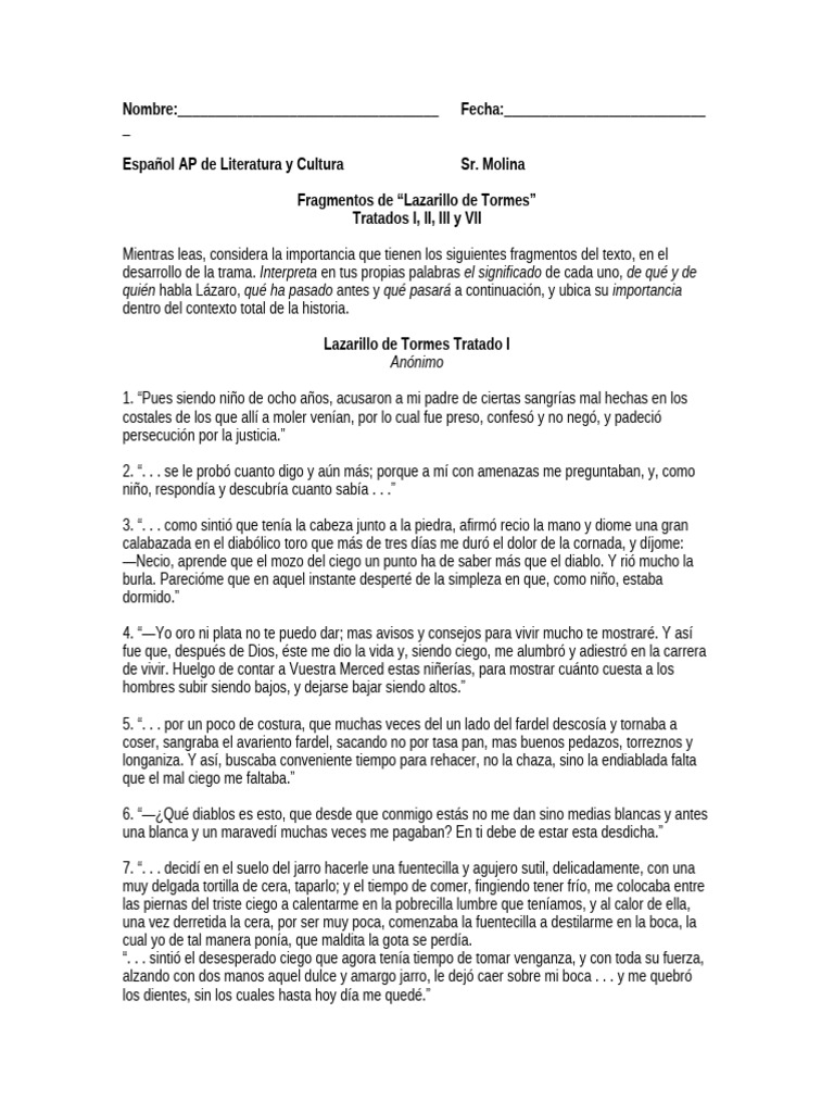 Lazarillo de Tormes-Fragmentos de Los Tratados I-II-III-VII 2 | PDF
