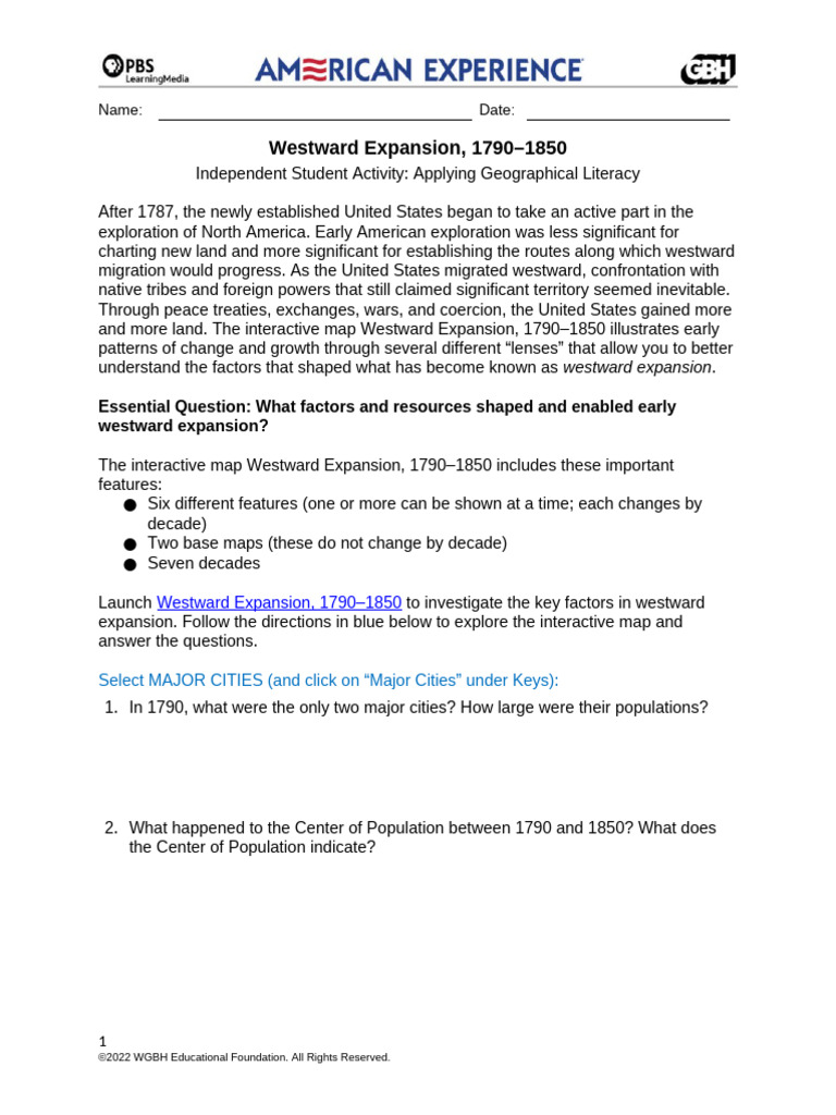 Activity Westward Expansion 1790-1850 Ush22-Doc-Westexp-Isa | PDF ...