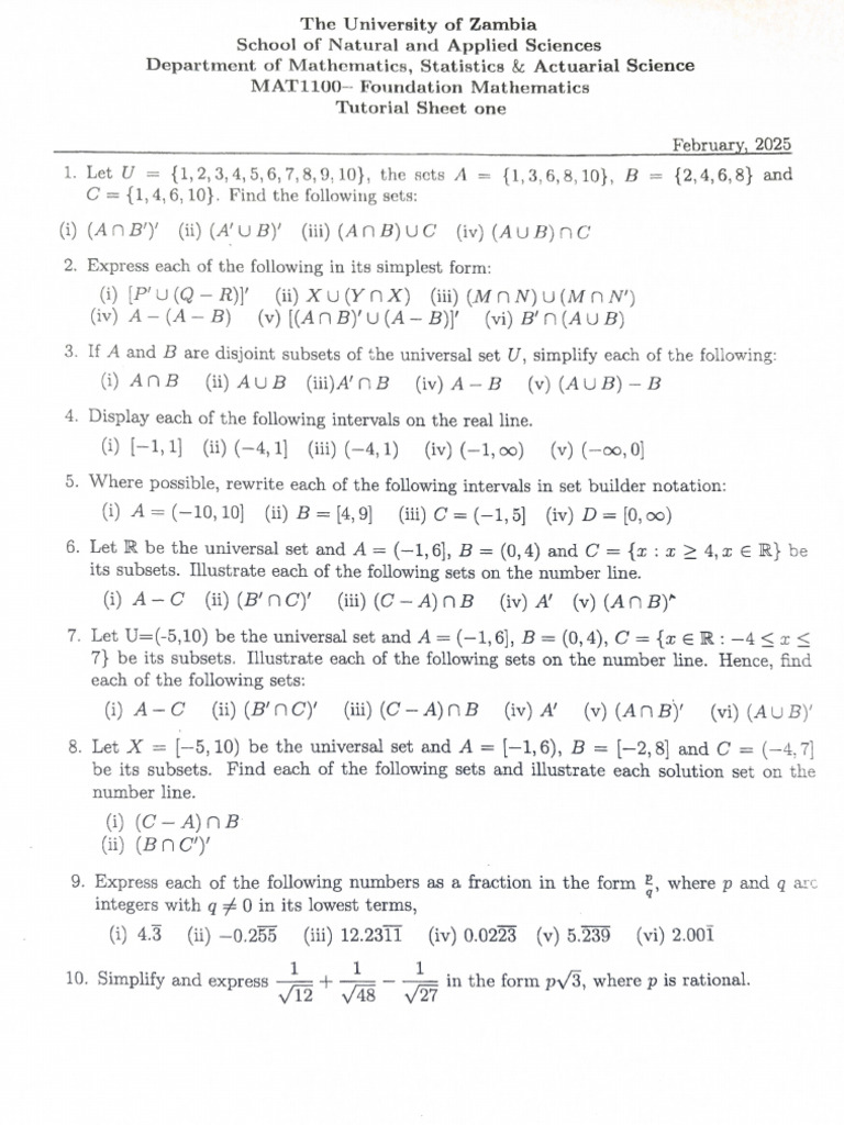 Mat1100 Tutorial Sheet | PDF
