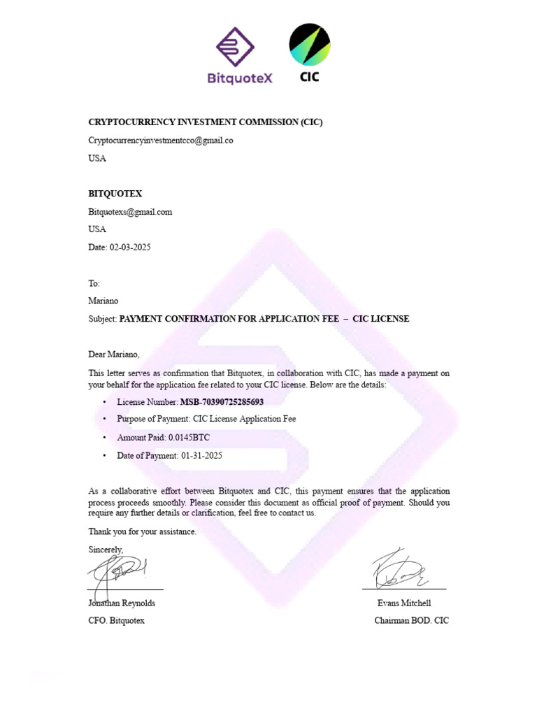 Payment Confirmation For Application Fee - Cic License PDF | PDF