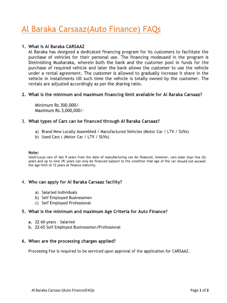 1 Al Baraka Carsaaz FAQs For Website | PDF