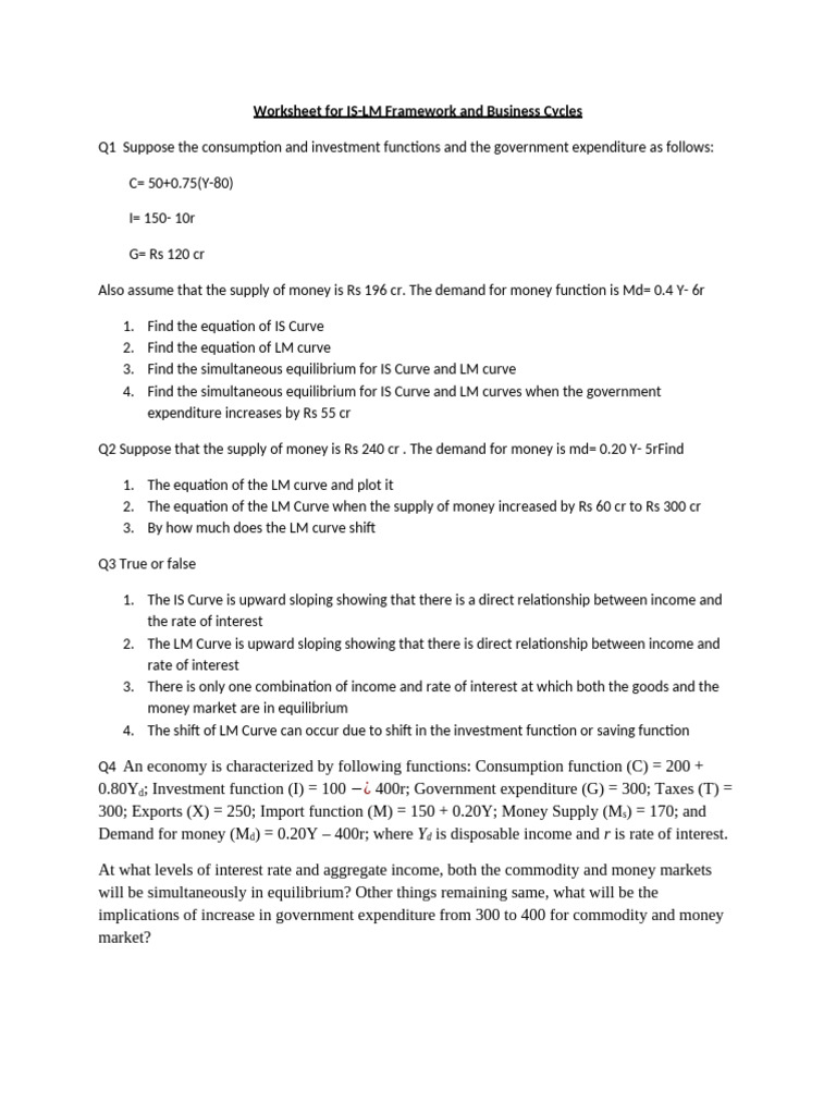 IS-LM Framework Worksheet for Business Cycles | PDF