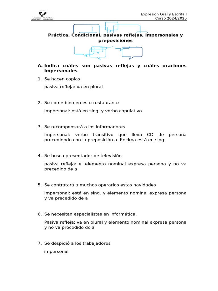 Práctica Impersonal, P. Refleja, Prep | PDF | Verbo | Sintaxis