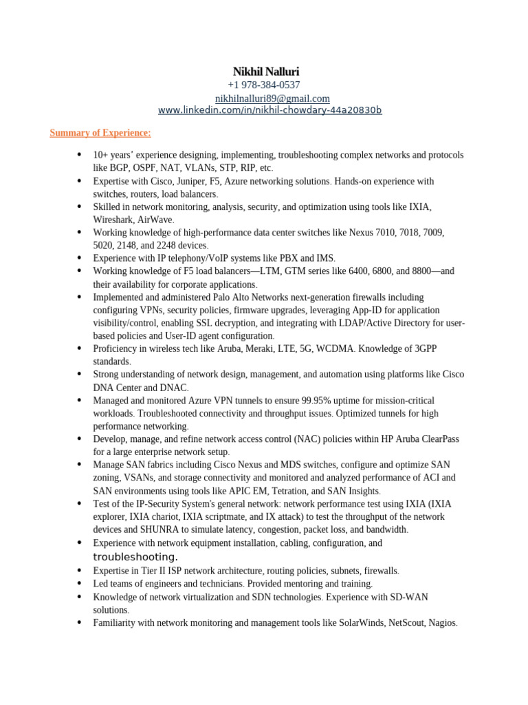 Nikhil - Nalluri Networking Resume | PDF | Computer Network | Firewall (Computing)