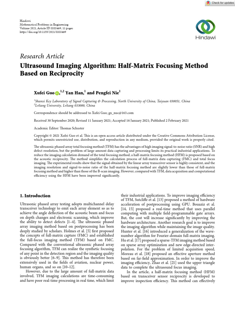 Mathematical Problems in Engineering - 2021 - Guo - Ultrasound Imaging Algorithm Half Matrix ...