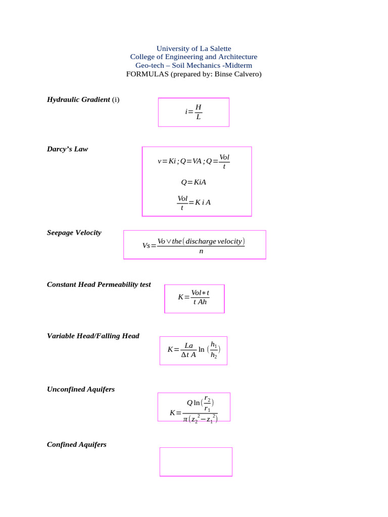 Formulas For Midterm - Soil Mech | PDF | Civil Engineering | Hydraulics