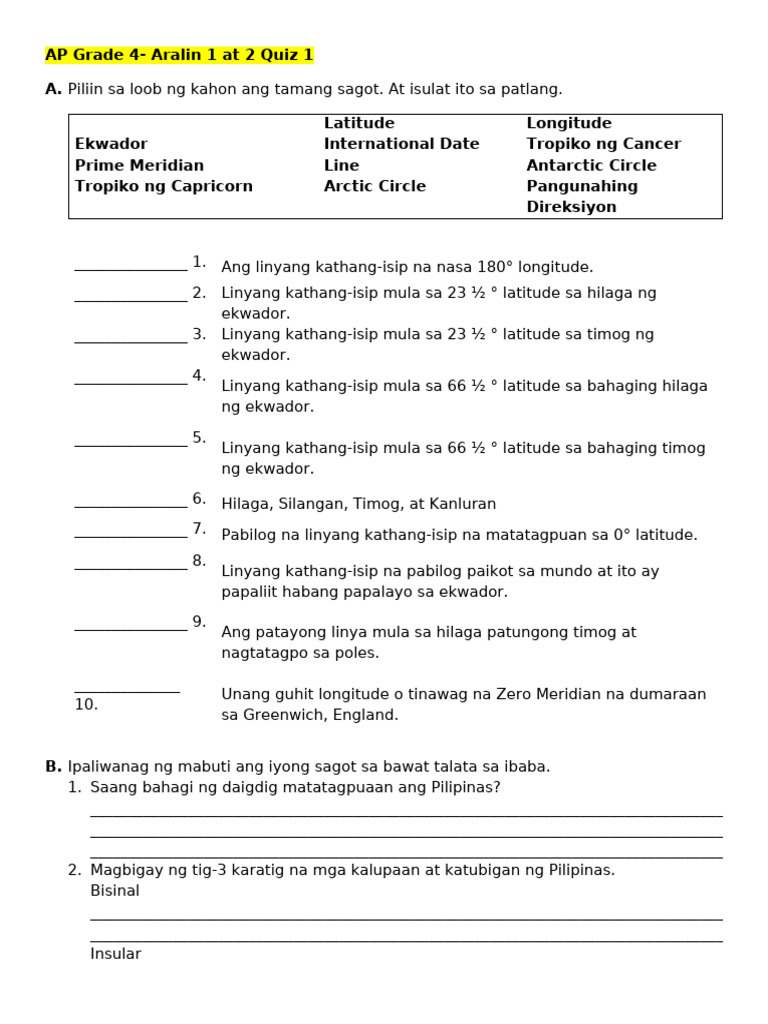 AP Grade 4 - Aralin 1 at 2 Quiz 1 | PDF